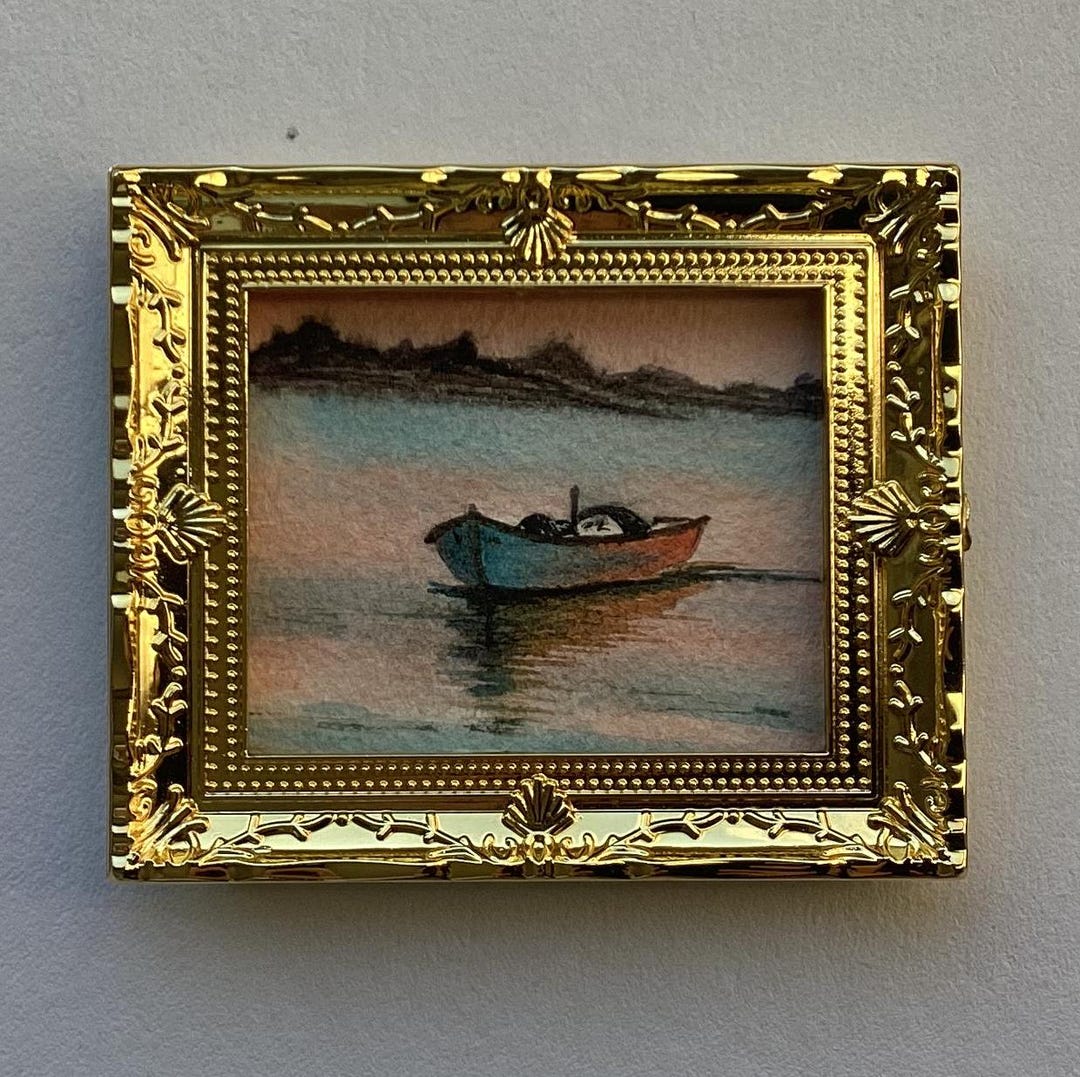 Tiny Fishing Boat Painting Dolls-house Decor Original Art 1.6x1.9 Mini ...