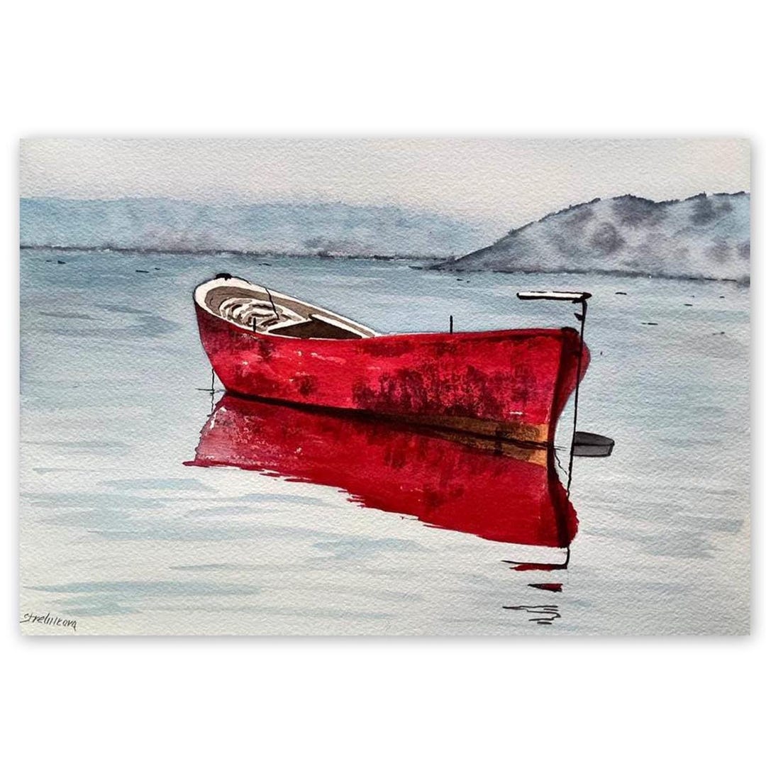 Red Boat Painting Seascape Artwork Original Art 8x12 Watercolor by ...