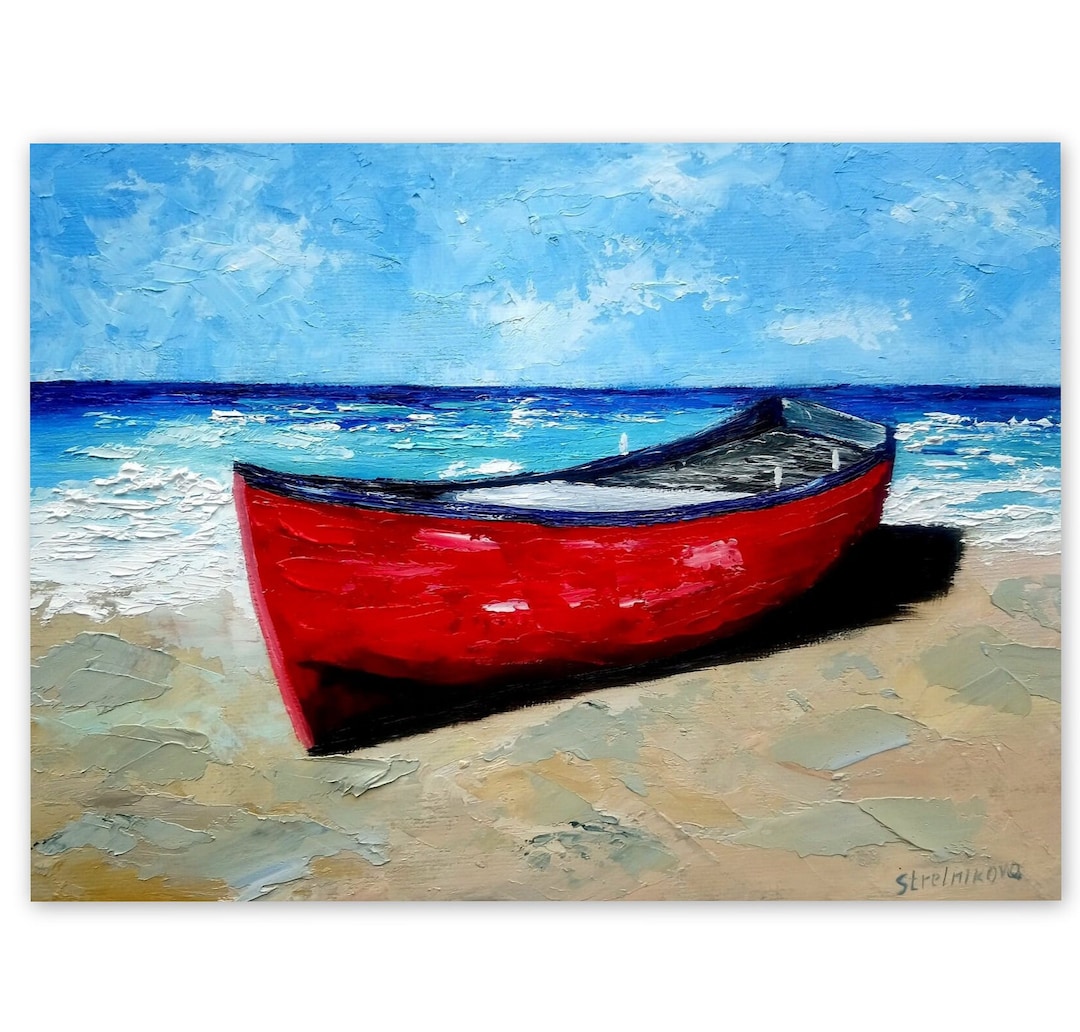 Red Boat Painting Fishing Boat Art Original Artwork Impasto Oil ...