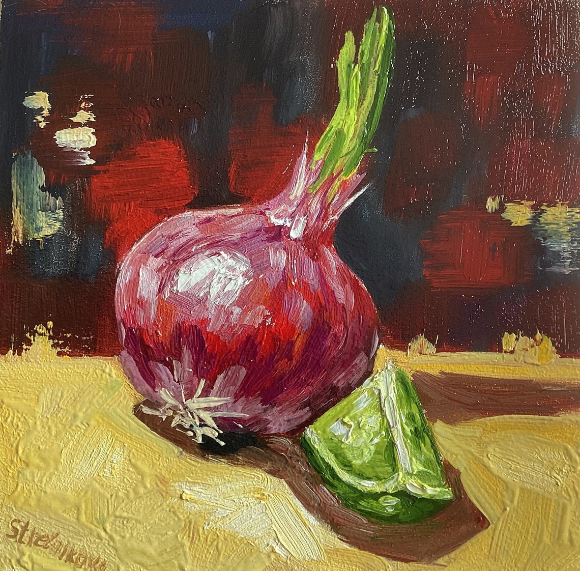 Onion With Lime Painting Kitchen Wall Art Red Onion Original Art 6 X 6 ...