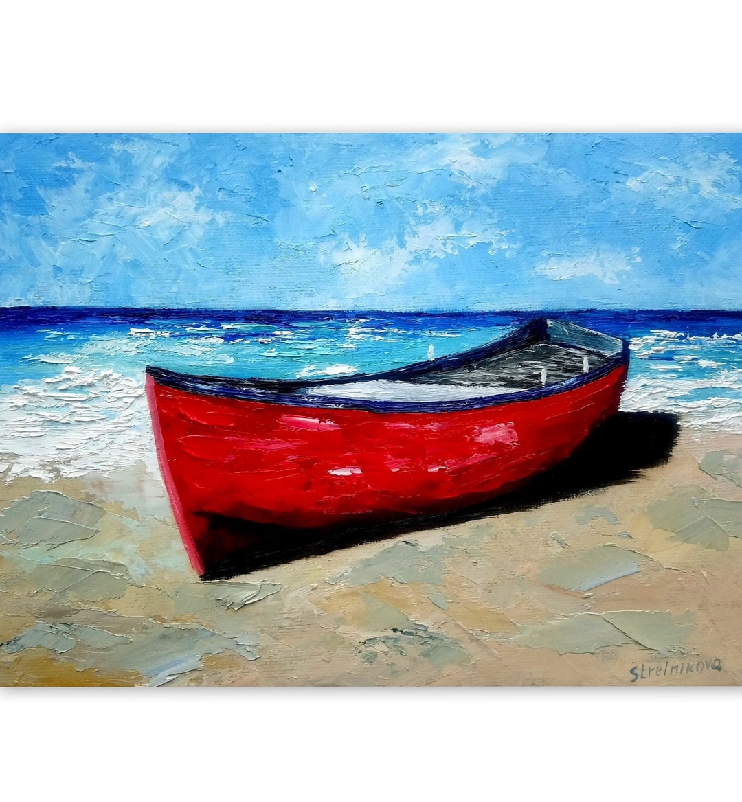Red Boat Painting Fishing Boat Wall Art Moored Boats Boat Impasto Oil ...