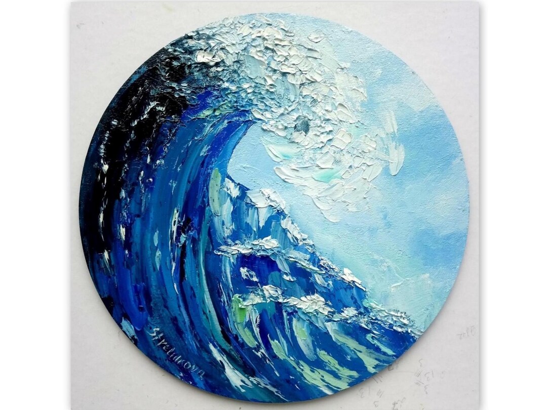 Wave Painting Hawaii Nautical Landscape Impasto Oil Round Canvas ...