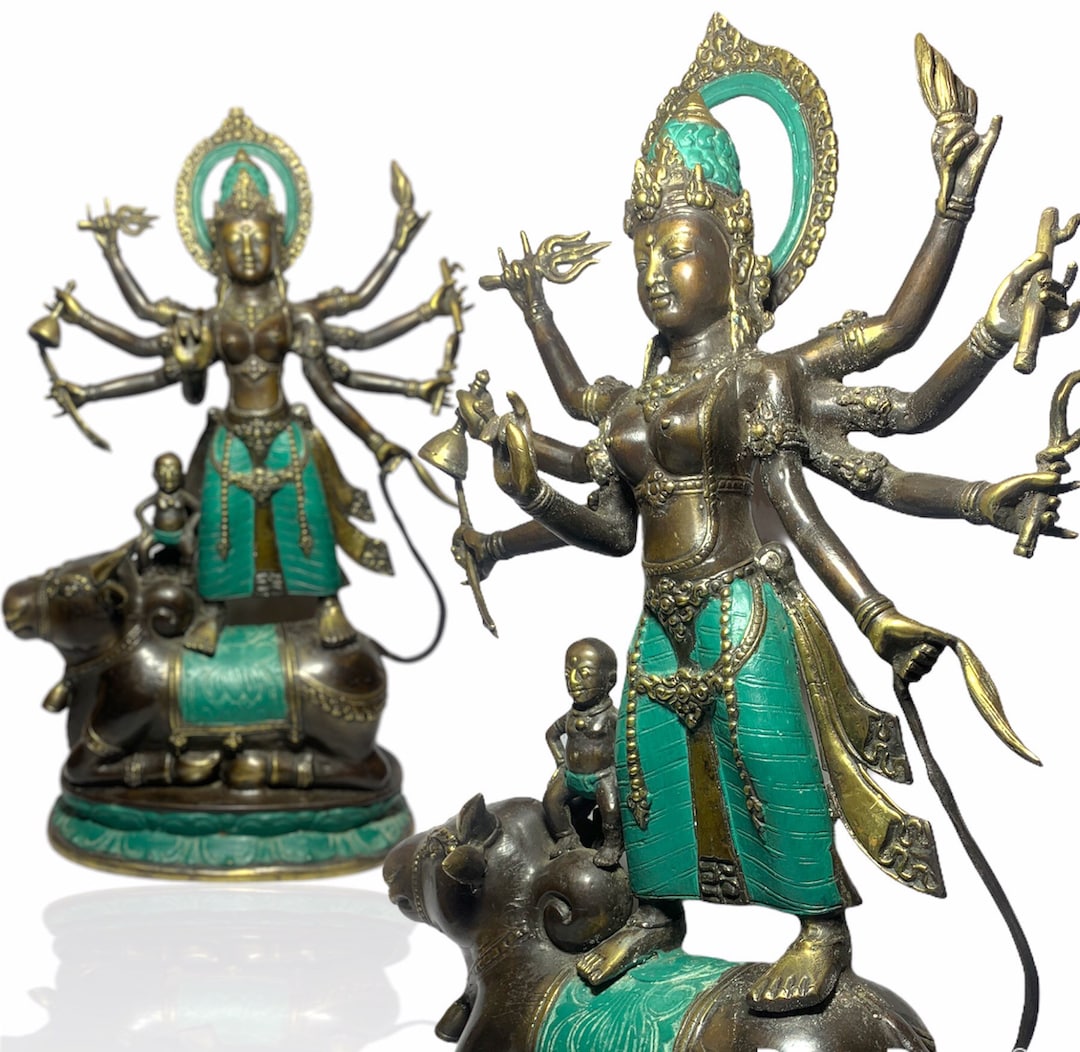 16.7” Maa Kali Riding Cow Mahakali Bronze Statue Hindu Goddess Figurine ...