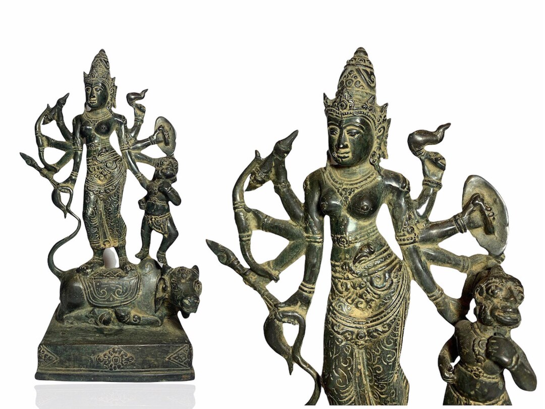 12.7” Mahakali Riding Cow Lord Parvati Bronze Statue Hindu Goddess ...