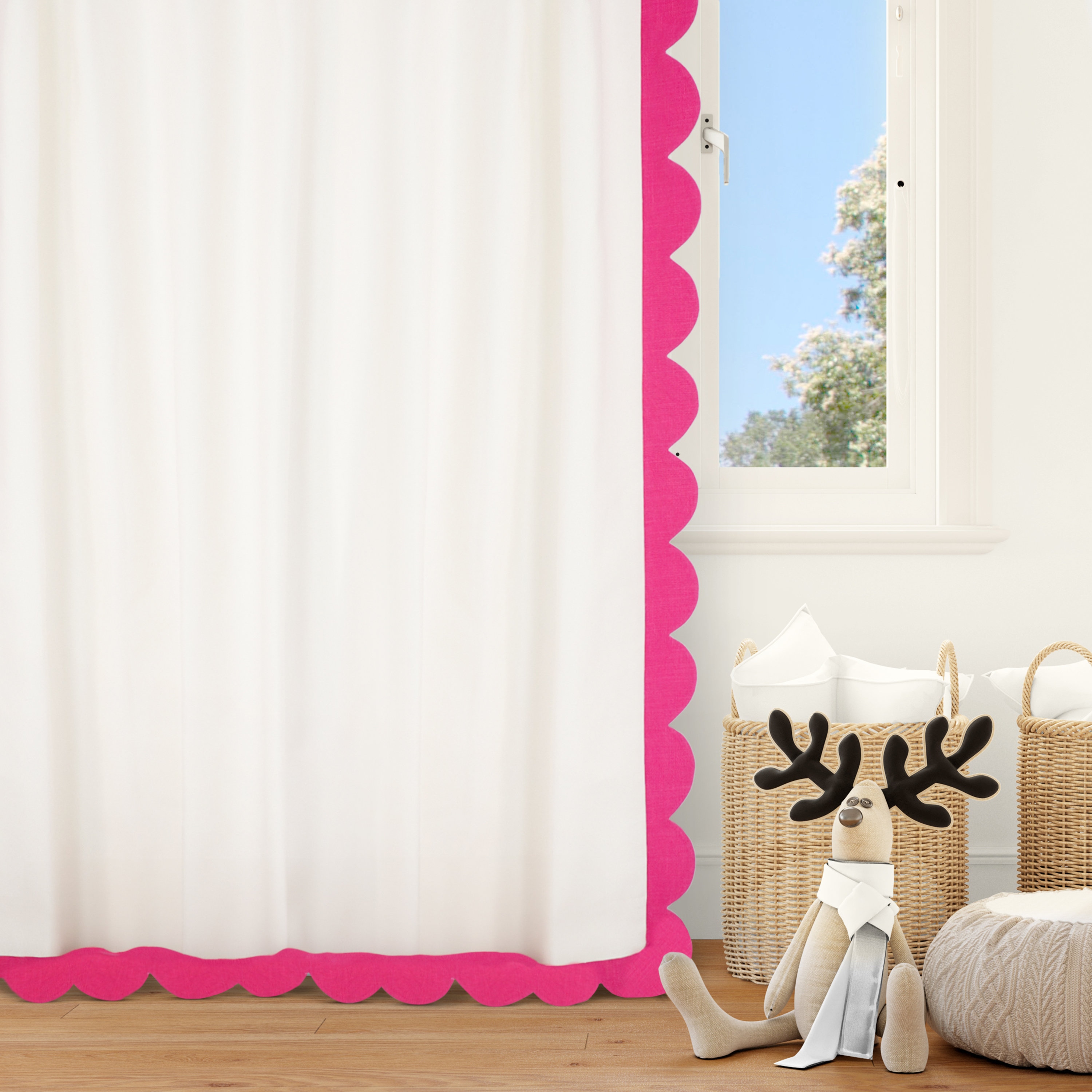 Ivory Cotton Blend Curtain With Pink Scallops, Scalloped Edge Curtain ...