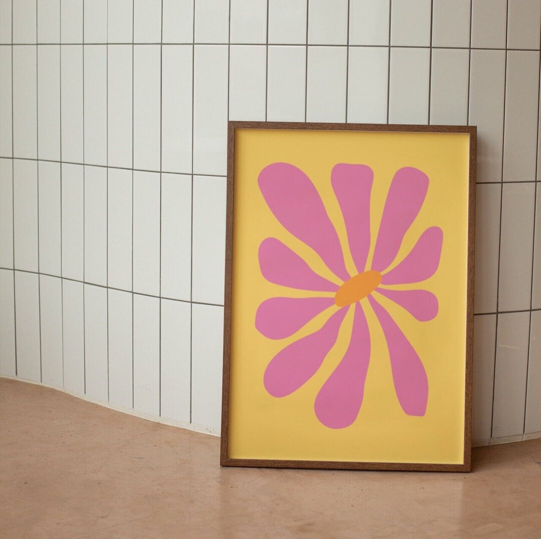 Funky Retro Flower Wall Print, Colourful Wall Art, Yellow Orange Pink ...