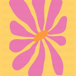 Funky Retro Flower Wall Print, Colourful Wall Art, Yellow Orange Pink ...
