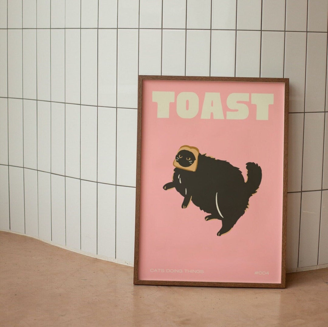 Pink Toast Cat Wall Print, Black Cat Wall Art, Cat Lover Gift, Digital ...