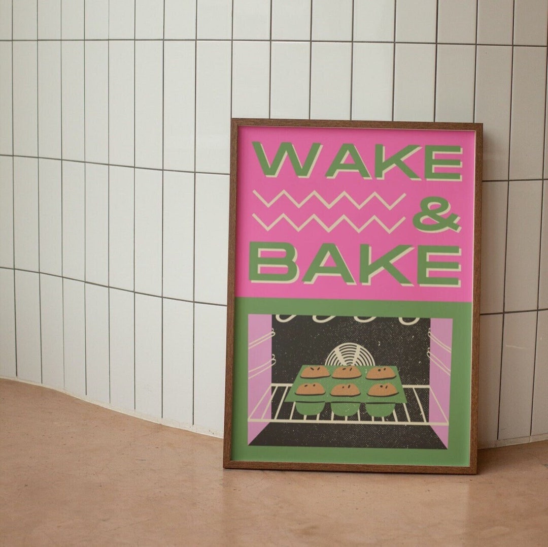 Wake and Bake Wall Print, Pink and Green Kitchen Wall Art, Baker Gift ...