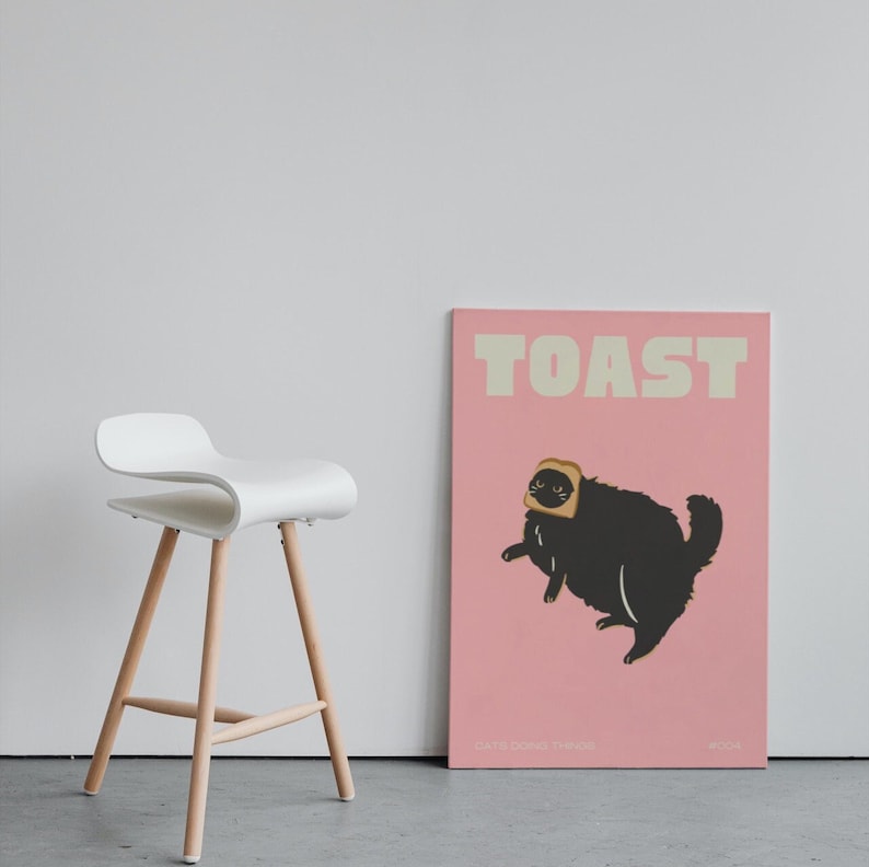 Pink Toast Cat Wall Print, Black Cat Wall Art, Cat Lover Gift, Digital ...