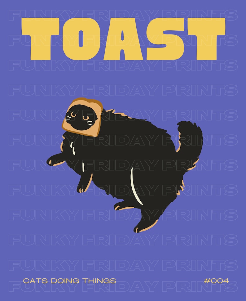 Blue Toast Cat Wall Print, Black Cat Wall Art, Cat Lover Gift, Digital ...