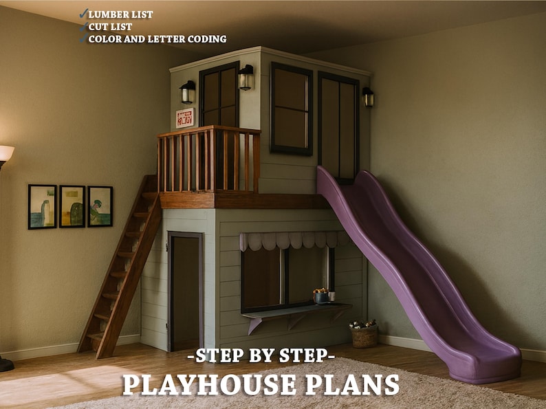 Indoor Wooden Playhouse Plan: DIY Loft With Slide, Market Role Playing ...