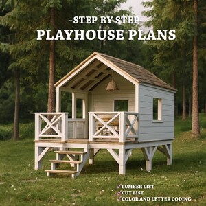 Playhouse Build Plans With Open Deck | Modern White Playhouse (digital ...