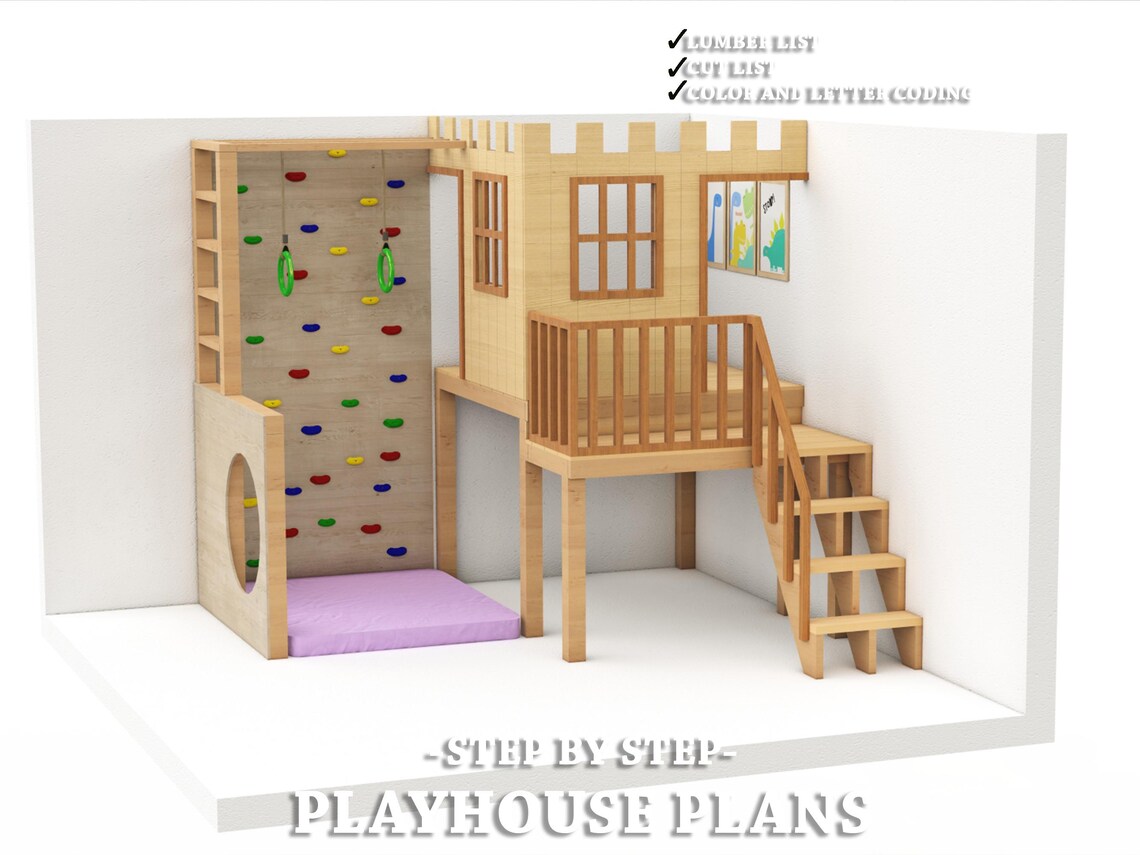 Indoor Wooden Castle Playhouse Plan: DIY Loft With Climbing Wall (PDF ...