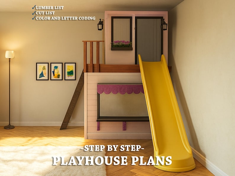 Indoor Wooden Playhouse Plan: DIY Loft With Slide, Market Role Playing ...