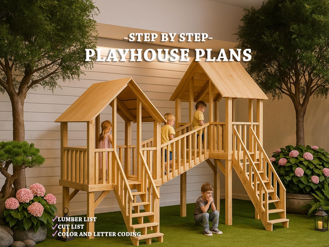 DIY Playhouse Plans With 2 Decks: Kids Outdoor Playground (PDF Download ...