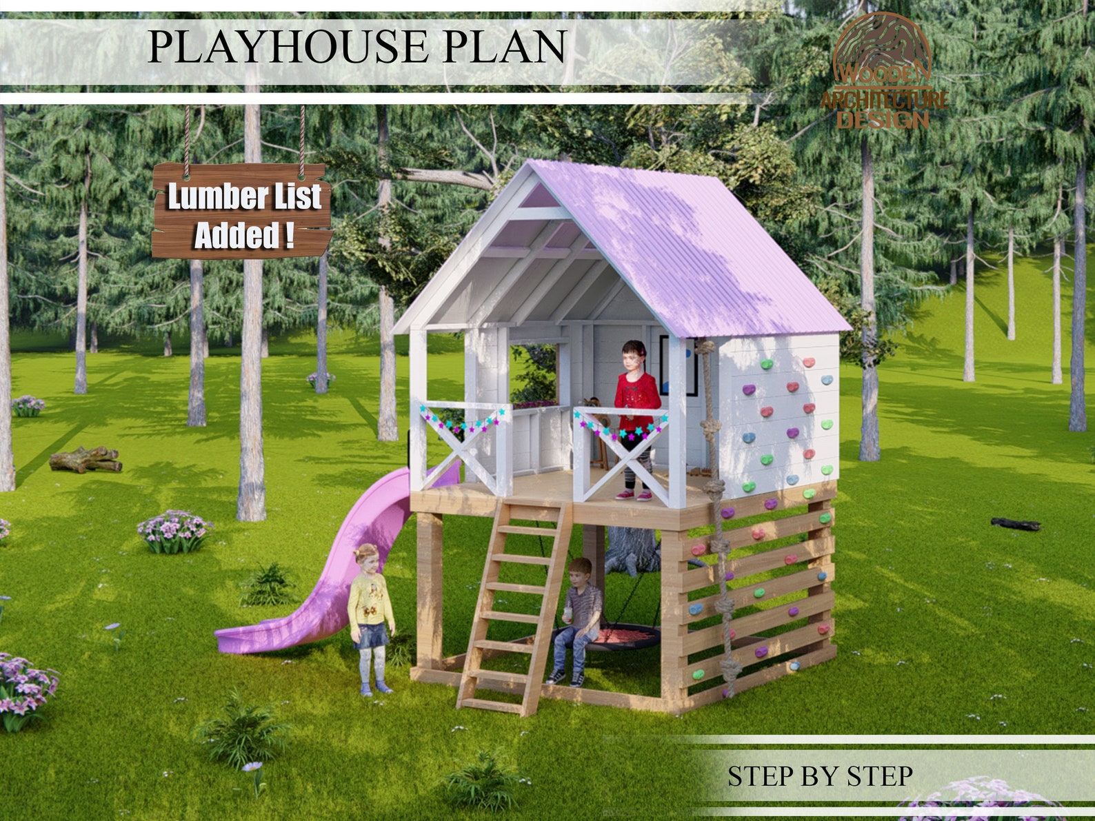 Playhouse Build Plans for Kids, Garden Playhouse With Climbing Wall ...