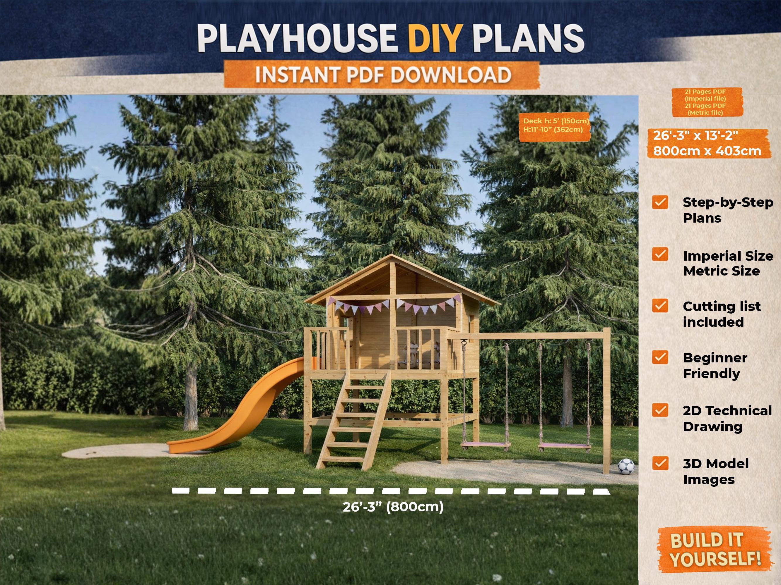 DIY Playhouse Plans With Slide and Swings | Kids Backyard Playground ...