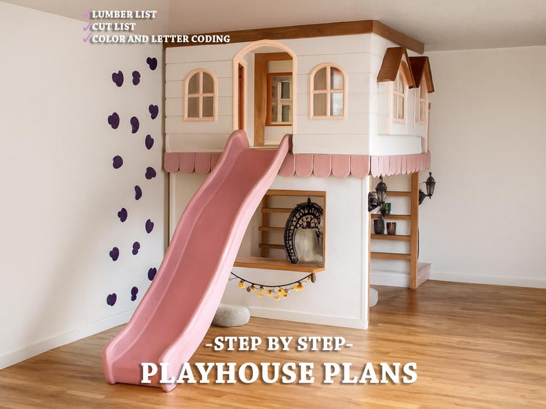 Indoor Wooden Playhouse Plan: DIY Loft With Slide | Reading Corner (PDF ...