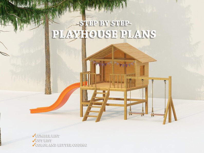 DIY Playhouse Plans With Slide and Swings | Kids Backyard Playground ...