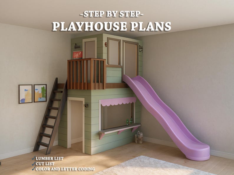 Indoor Wooden Playhouse Plan: DIY Loft With Slide, Market Role Playing ...