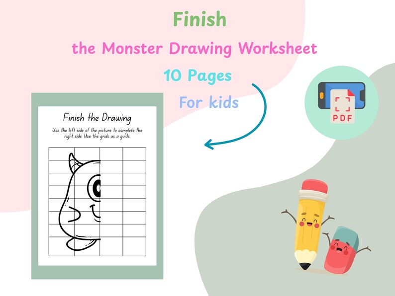 Monster Drawing Worksheet: Kids Printable Pastel Art Activity (digital ...