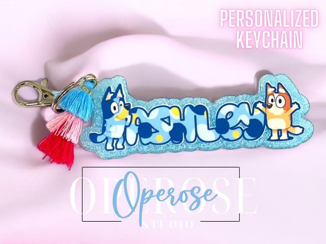 Personalized Bluey Keychain: Neon Glitter Acrylic, Tassel Charm - Etsy