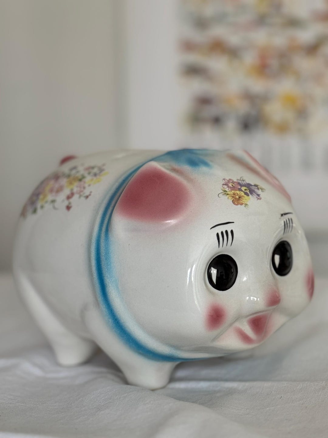 Large Vintage Piggy / Money Bank - Floral Decorated Pig With a Fabulous ...