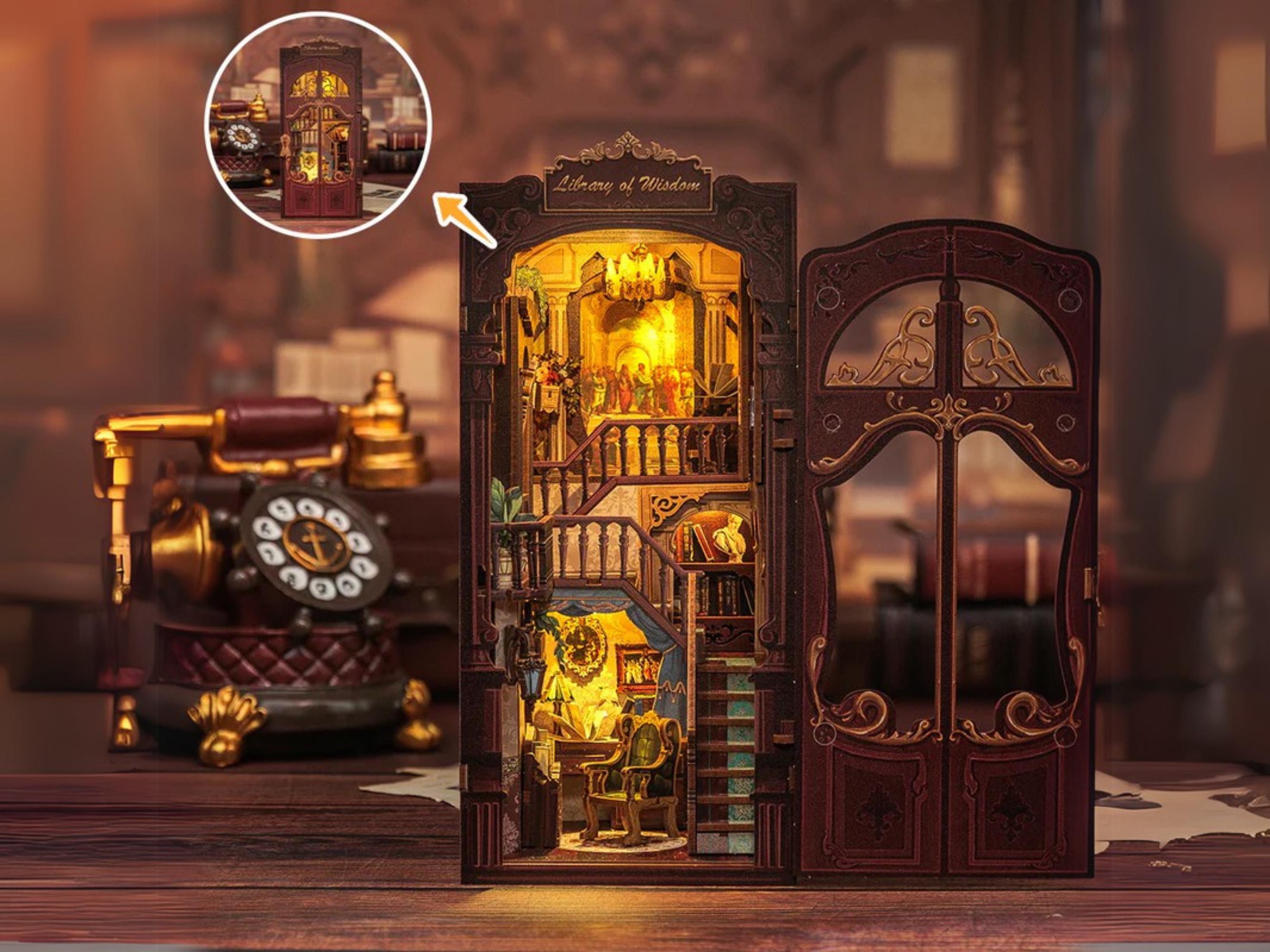 Library of Wisdom DIY Book Nook Cozy Wooden Bookshelf Diorama Openable ...