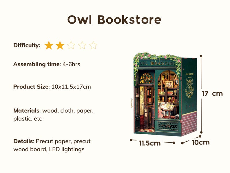 DIY Owl Bookstore Book Nook Kit: 3D Bookshelf Insert With Openable Door ...