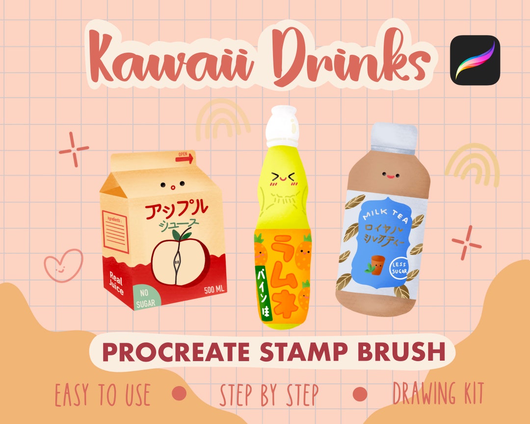 Kawaii Drinks Procreate Stamp Brush, Cute Beverages Milk Tea, Ramune ...