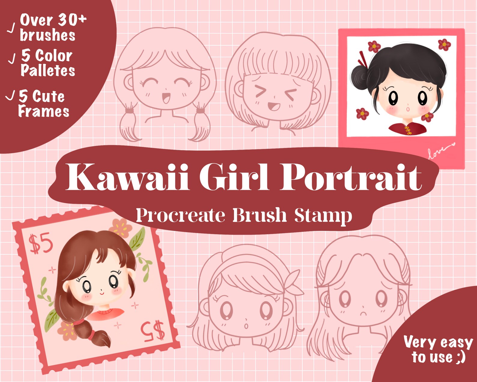 Kawaii Portrait Girl Procreate Stamp Brushes Procreate , Cute Japanese ...