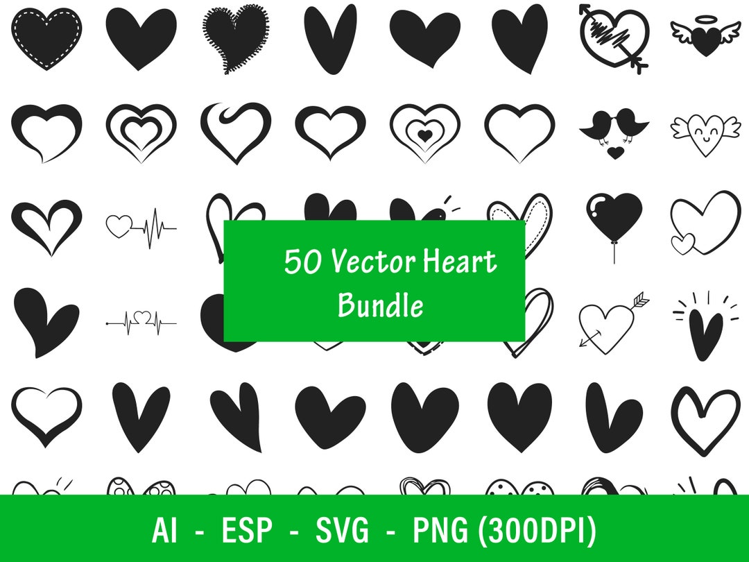 50 Vector Hearts Bundle, Heart Outline Svg, Black Heart, Heart Clipart ...