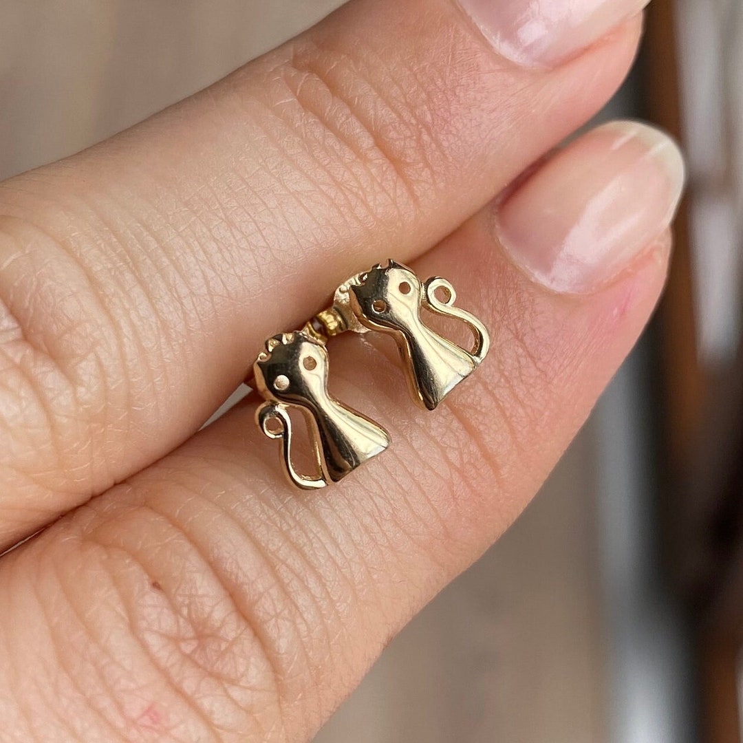 Cat Earrings 14K Real Gold Solid Gold Cat Earrings Animal Jewelry Cat ...