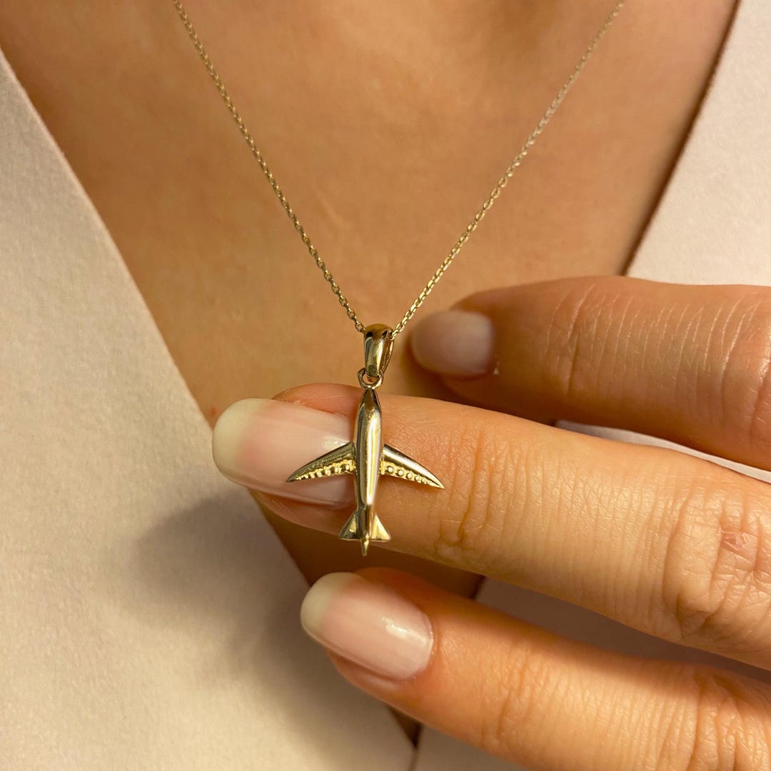 14K Solid Gold Airplane Necklace Pilot Gift Travel Jewelry - Valentine ...