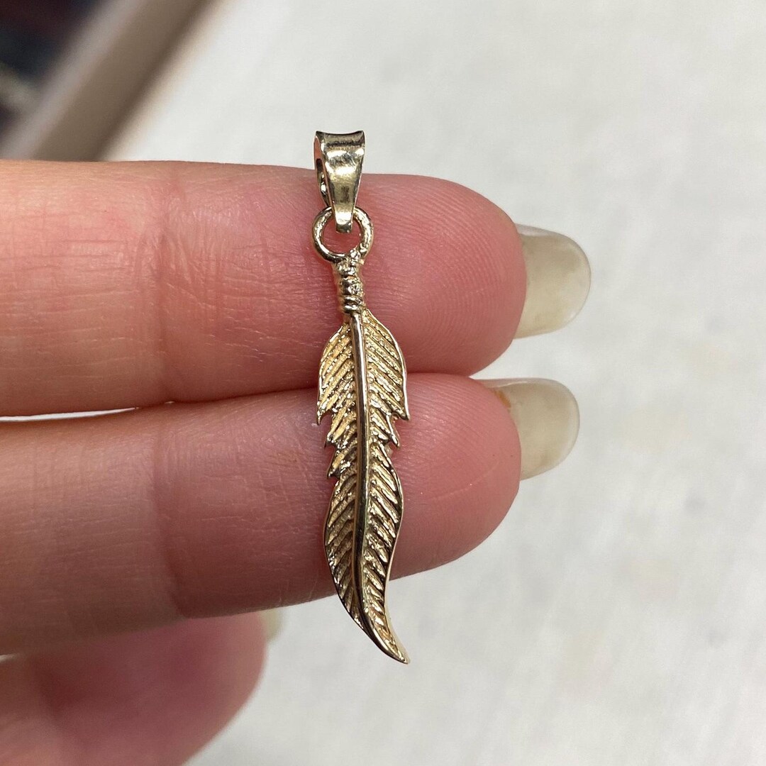 Dainty 14K Solid Gold Feather Pendant: Good Luck Charm - Etsy