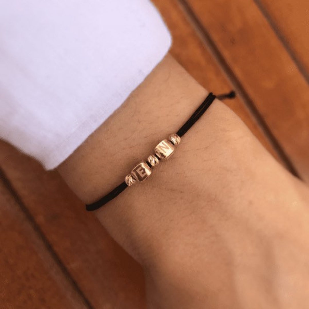 Cube Bracelet 14K Solid Gold 4MM 2 Cube Letter Bracelet With Rope ...