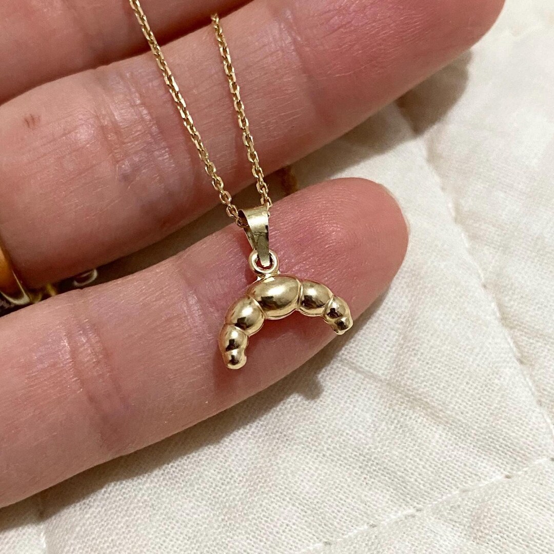 14K Gold Croissant Pendant / Puffed Croissant Necklace / French ...