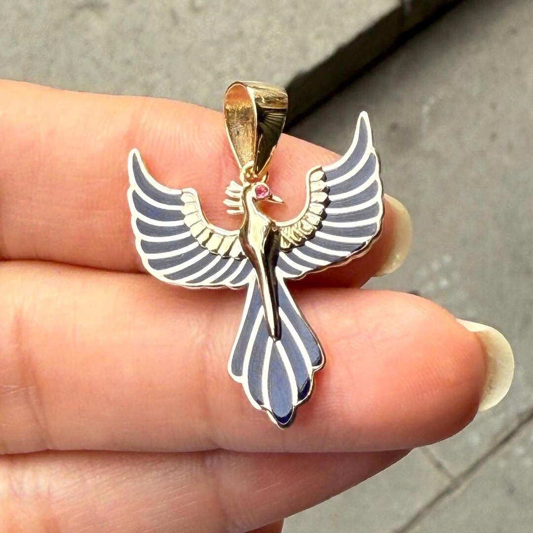14K Solid Gold Phoenix Pendant Necklace Firebird Simurgh 3.5cm ...