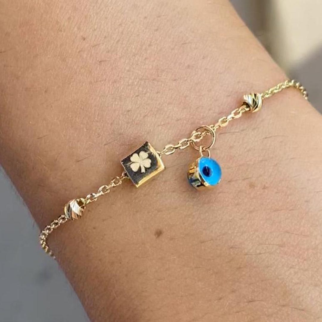 14K Solid Gold Custom Letter Bracelet Engraved 5mm Cube Bead ...