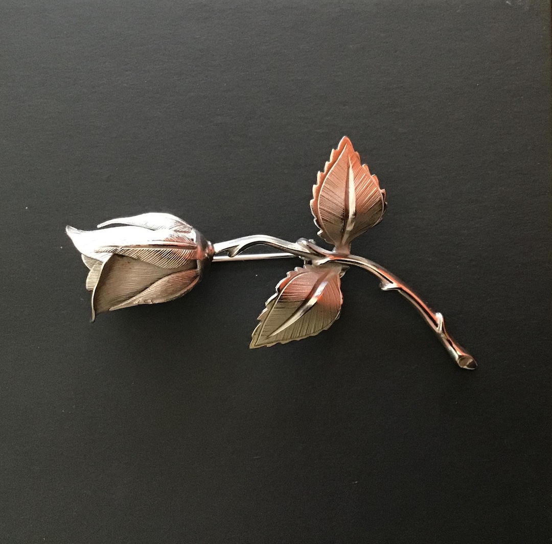 Giovanni Silver Rose Pin Vintage Rose Brooch With Stem and Leaves ...