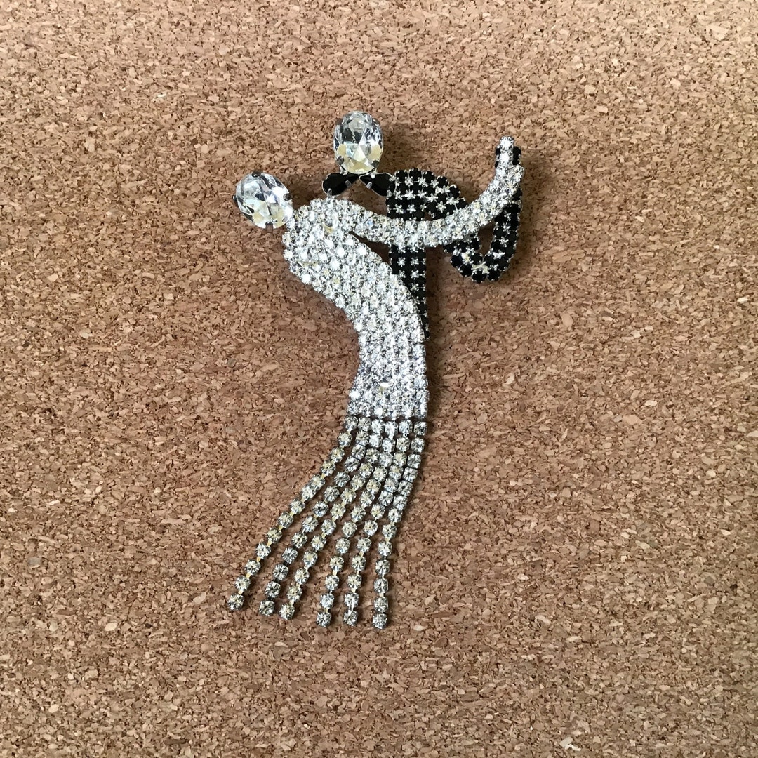 Dancing Couple Brooch White and Black Rhinestones Brooch Vintage ...