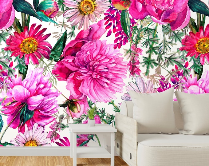 Floral Wallpaper, Flower Wallpaper, Removable Wallpaper, Pink Floral ...