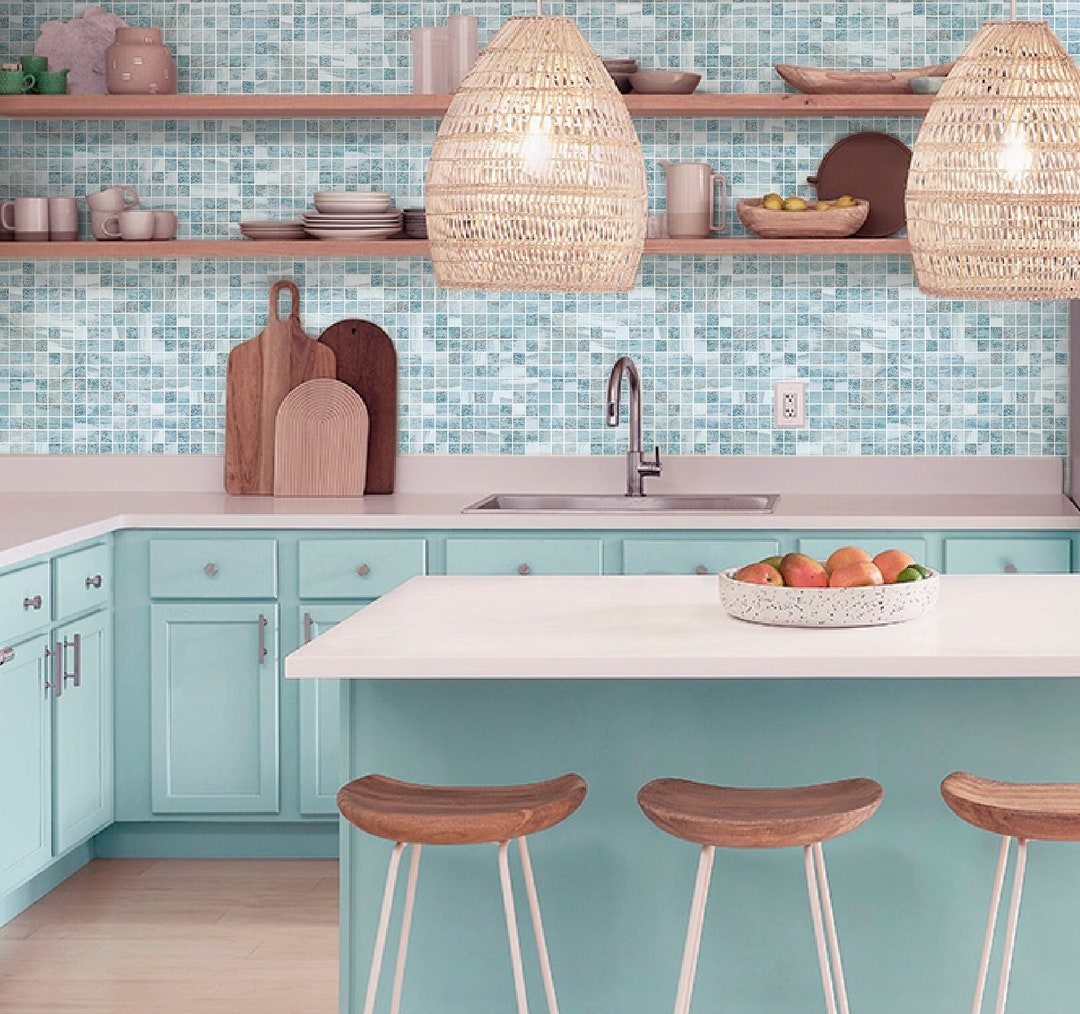 Blue Tile Wallpaper Peel and Stick, Marble Wallpaper for Kitchen ...