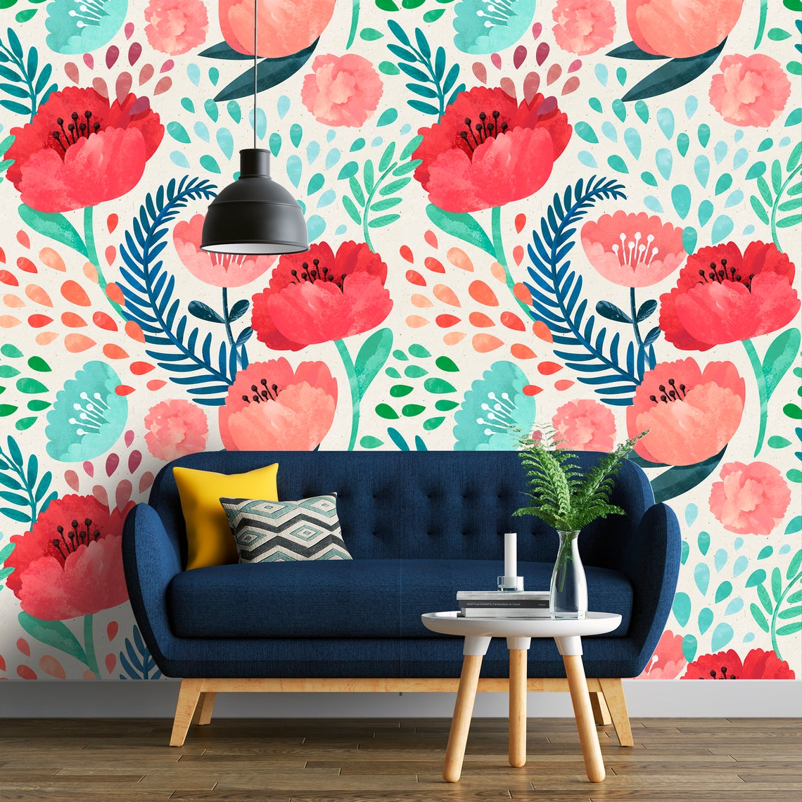 Poppy Wallpaper Peel and Stick, Big Flower Wallpaper, Watercolor Floral ...
