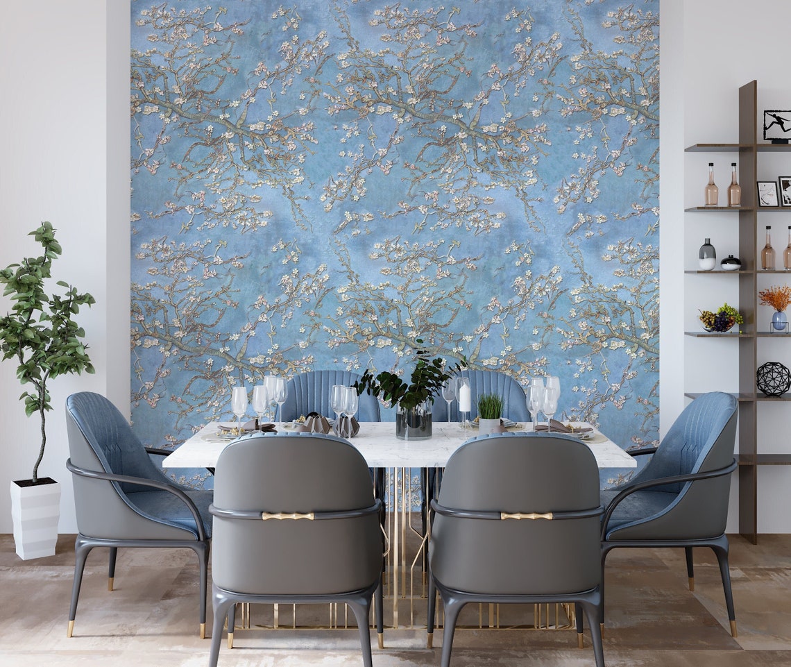 Blue Floral Wallpaper, Cherry Blossom Wallpaper, Chinoiserie Wallpaper ...