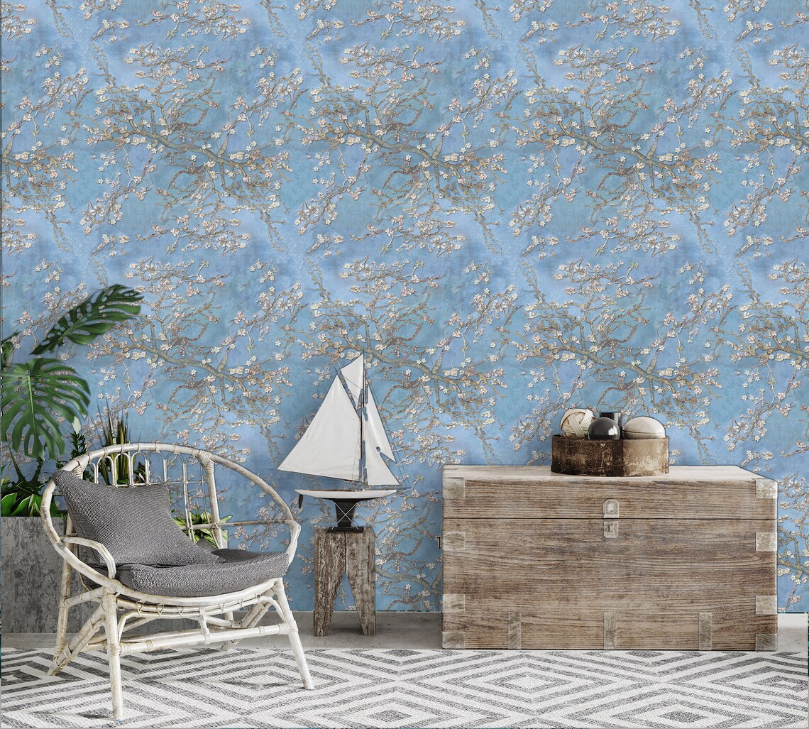 Blue Floral Wallpaper Cherry Blossom Wallpaper Chinoiserie - Etsy