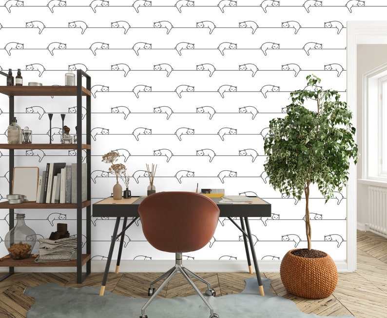Cat Wallpaper, Line Art Wallpaper Peel and Stick, Black and White ...