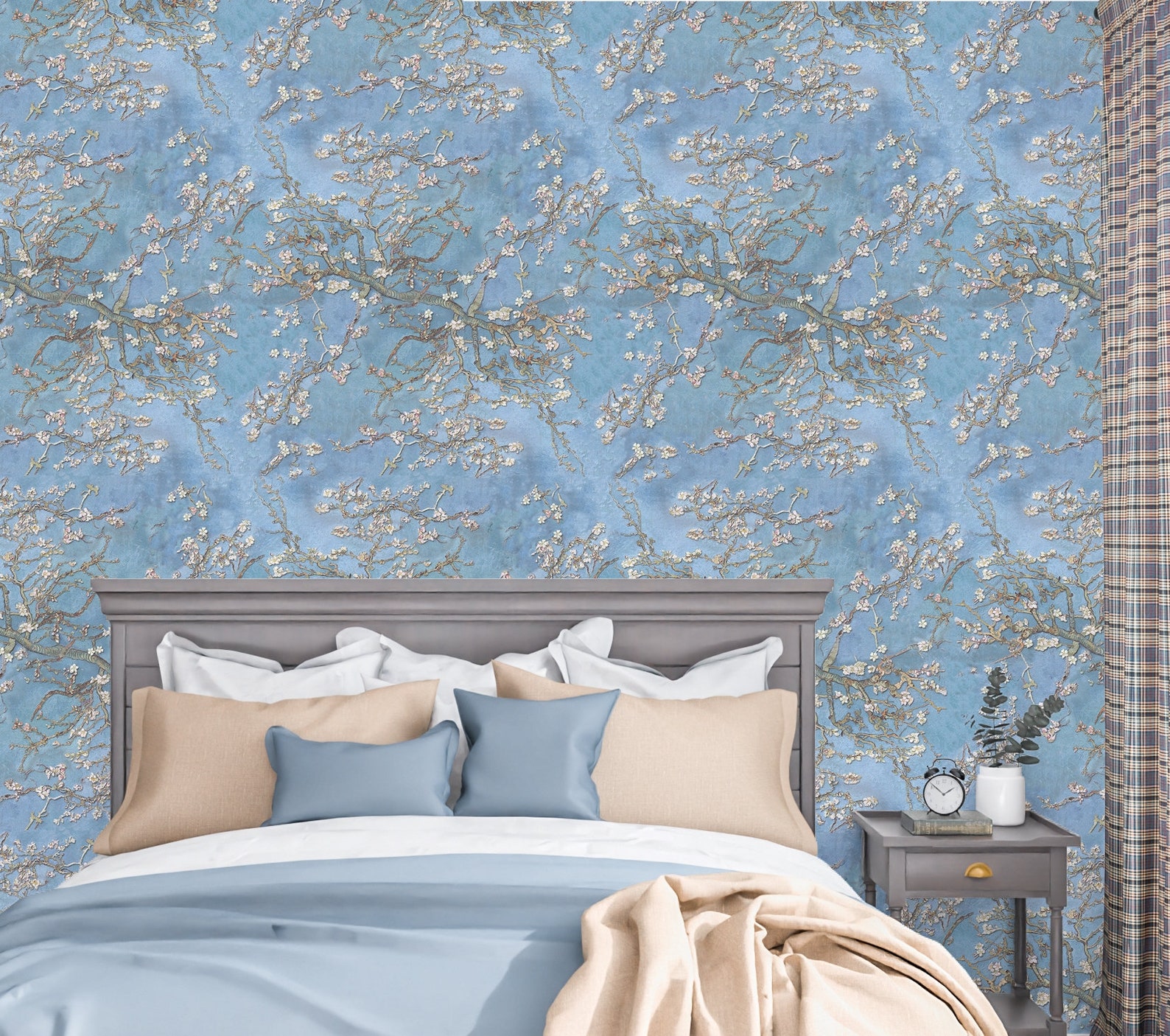 Blue Floral Wallpaper, Cherry Blossom Wallpaper, Chinoiserie Wallpaper ...