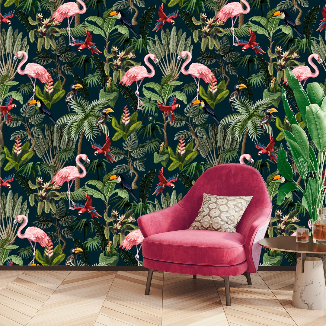 Flamingo Wallpaper Peel and Stick, Parrot Wallpaper, Palm Wallpaper ...